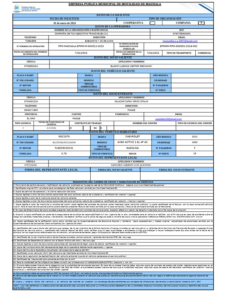 009 Formulario Cambio de Socio Con Habilitacion de Vehiculo | PDF