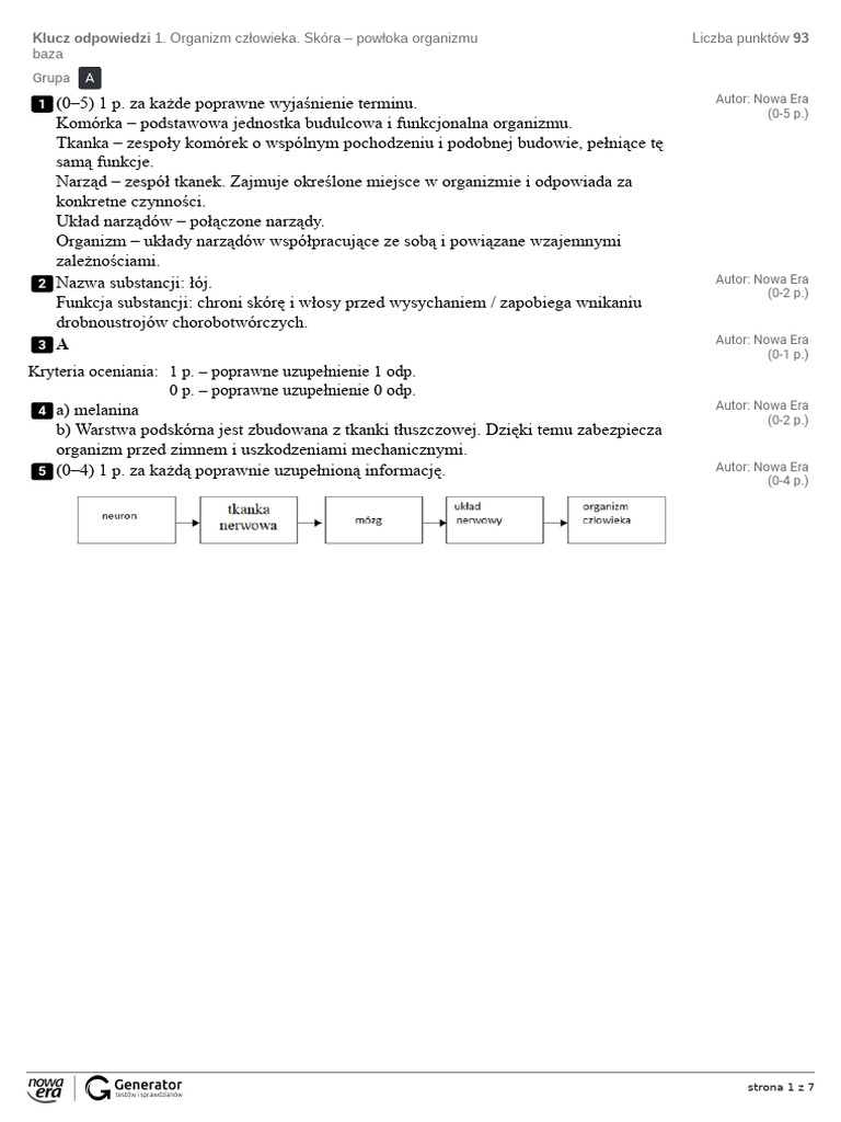 Organizm Człowieka. Skóra - Powłoka Organizmu Baza Klucz Odpowiedzi | PDF