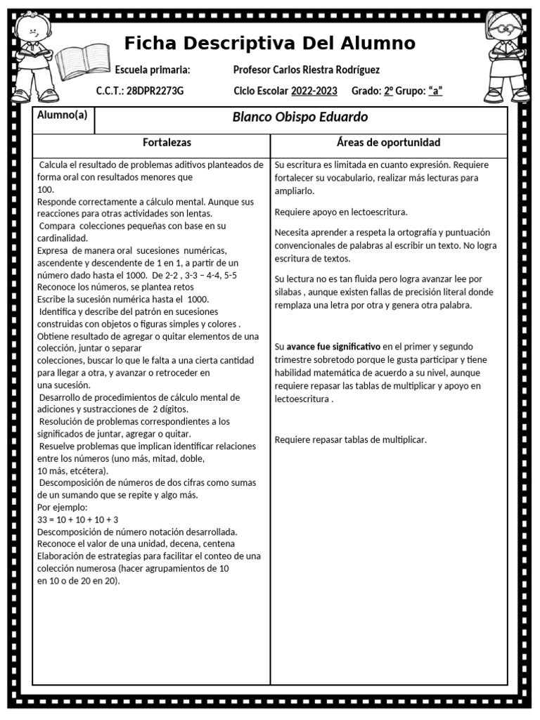 Ficha Descriptiva Del Alumno segundo grado 2023 | PDF