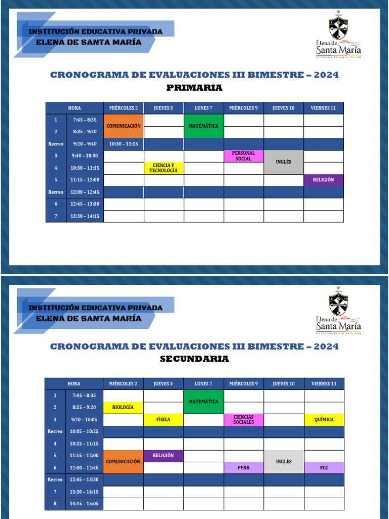 Cronograma de Evaluaciones III Bimestre - 2024 | PDF