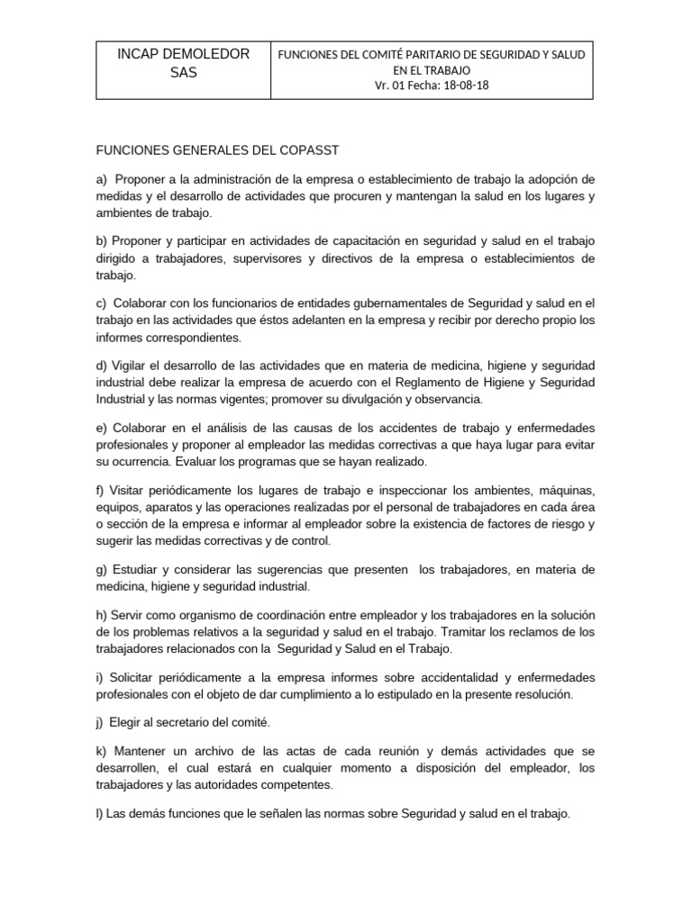Funciones Del Copasst. | PDF