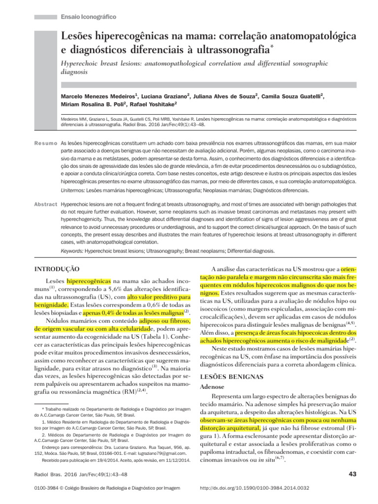 Lesões Hiperecogênicas Na Mama Correlação Anatomopatológica e ...
