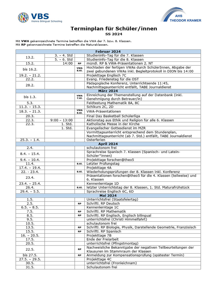 Terminplan SS 2024 - Stand - 2023 - 01 - 29 SchülerInnen | PDF