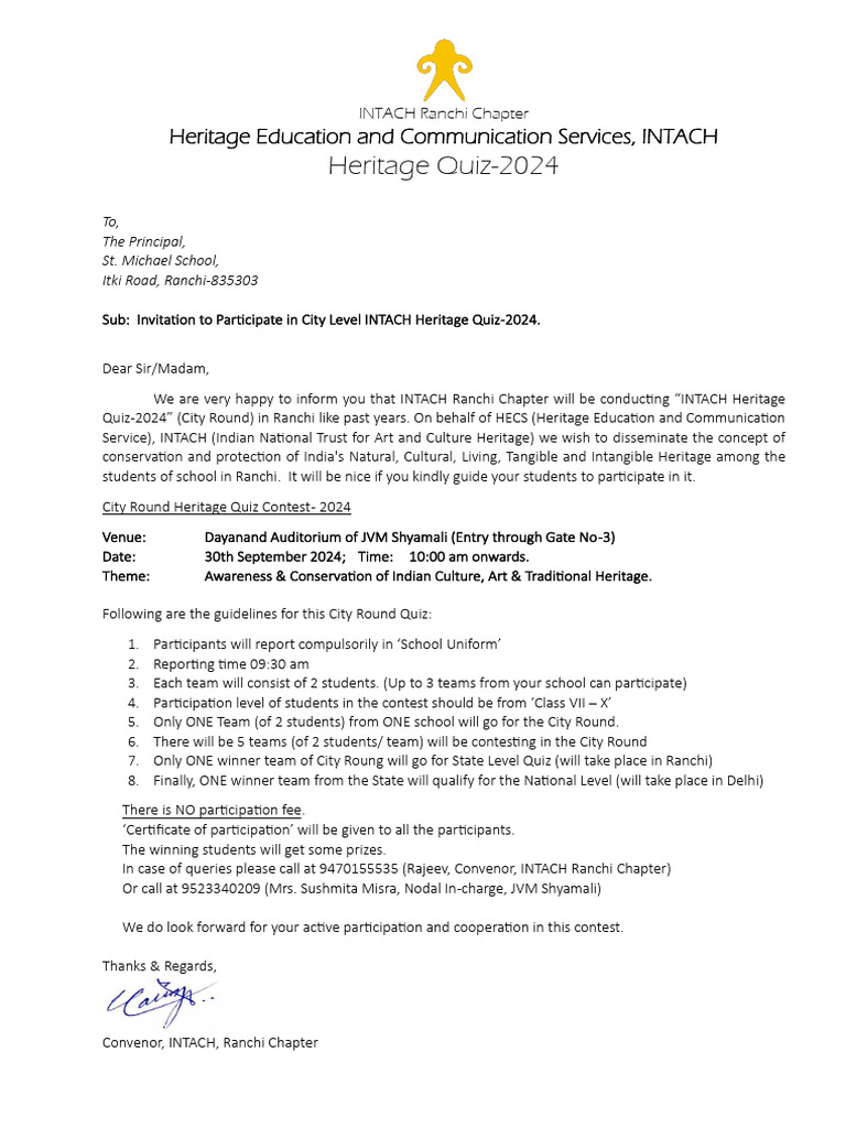 INTACH Quiz 2024 Letter To St. Michael School | PDF