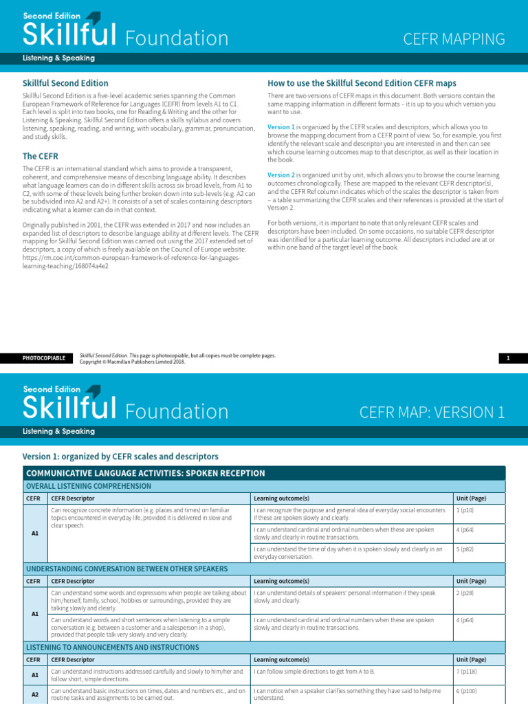 Skillful 2nd Ed. Foundation Listening and Speaking CEFR Map 1 | PDF