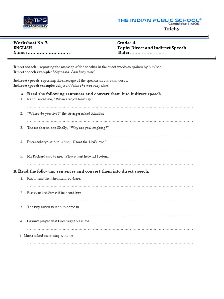 Direct - Indirect Speech - Worksheet - 36 Copies | PDF