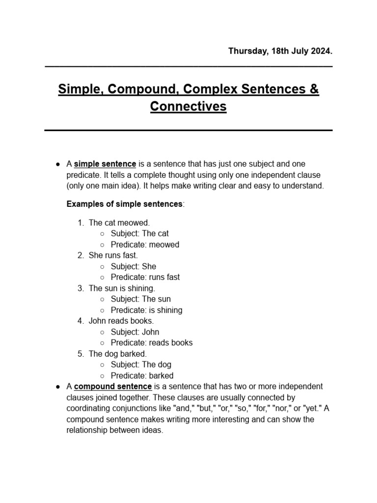 C.W. Simple, Compound, Complex Sentence & Connectives - 35 Copies | PDF