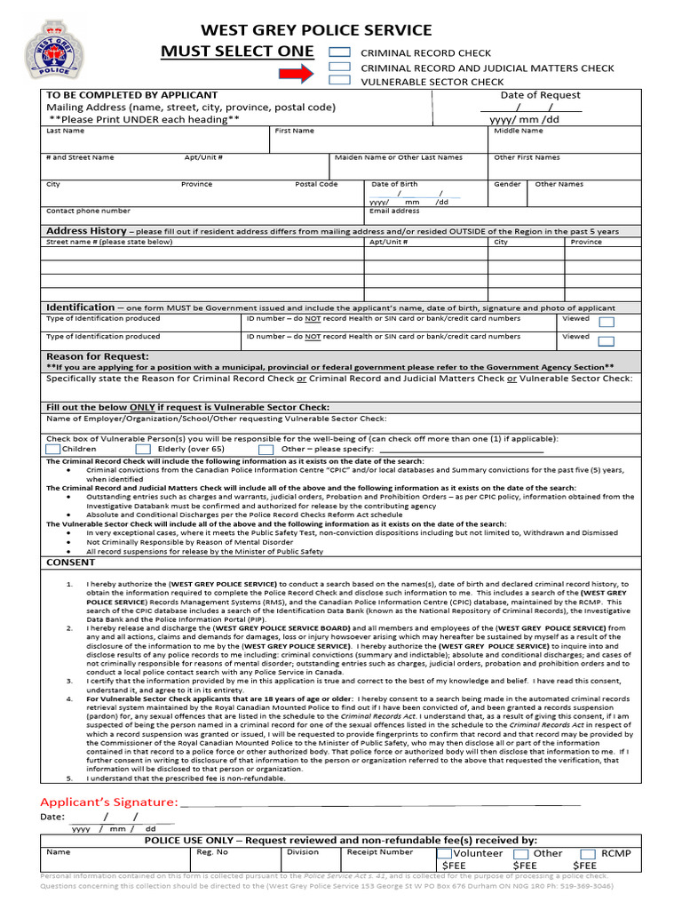 Police Record Check Application Form June 2019 | PDF | Criminal Record ...