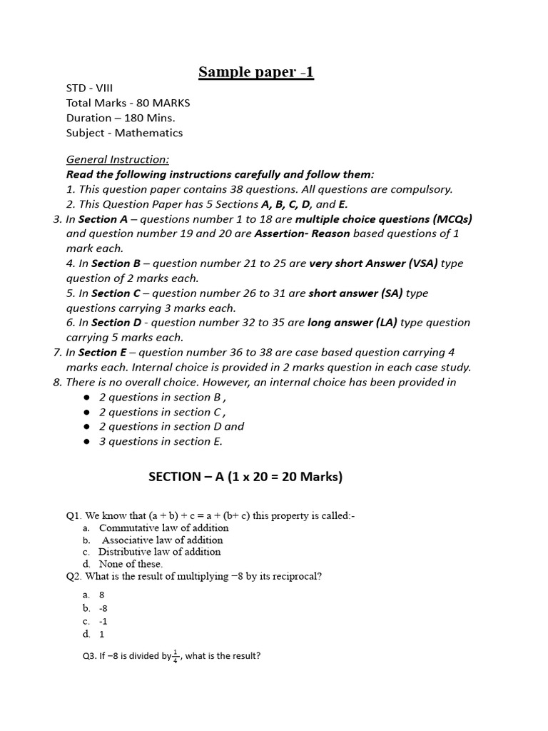 Sample Paper Class VIII (2024-25) | PDF