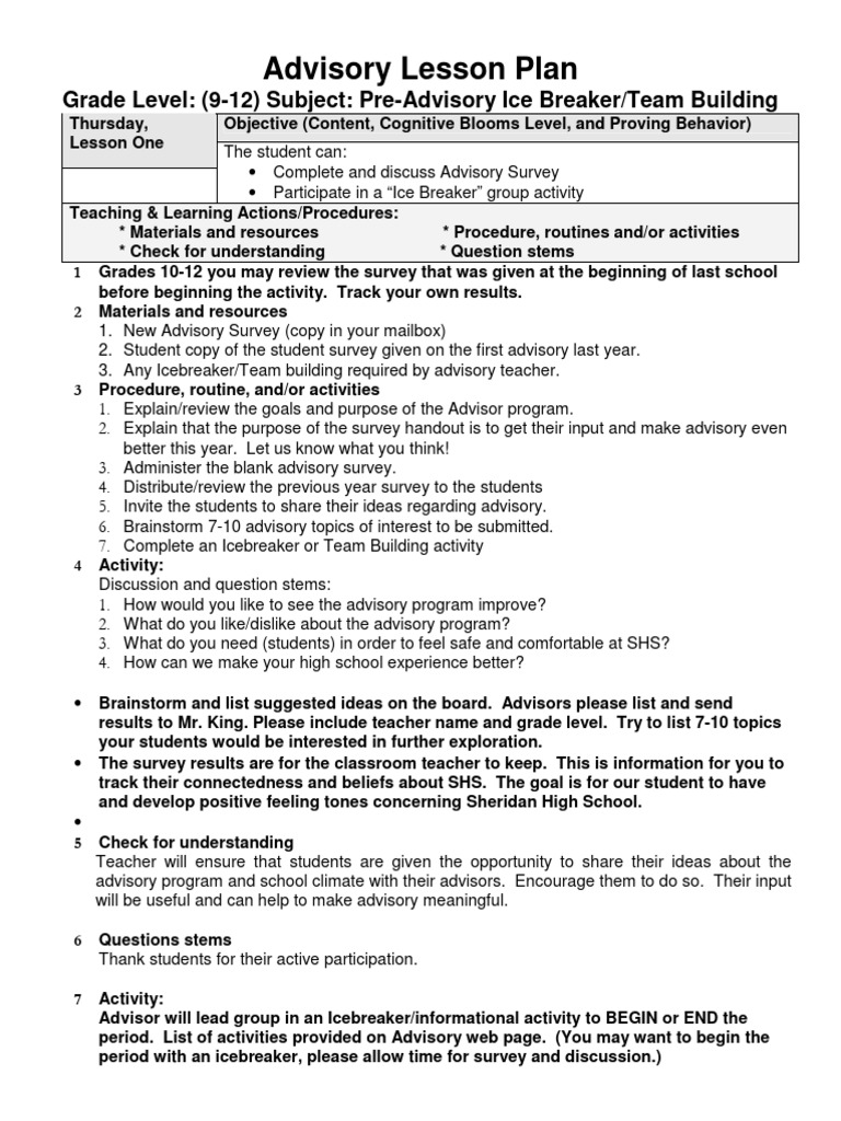 Advisory Lesson Day One Survey | PDF