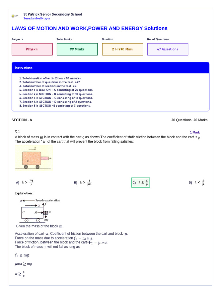 Laws of Motion and W.p.and e - Ans. | PDF