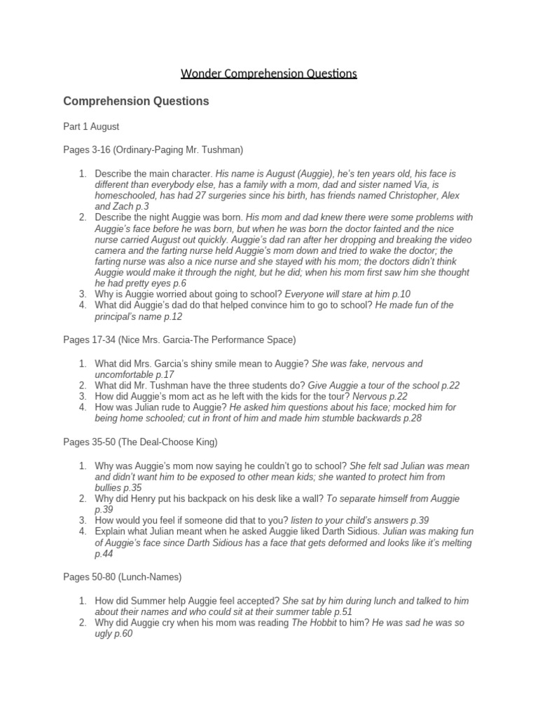 Wonder Comprehension Questions | PDF