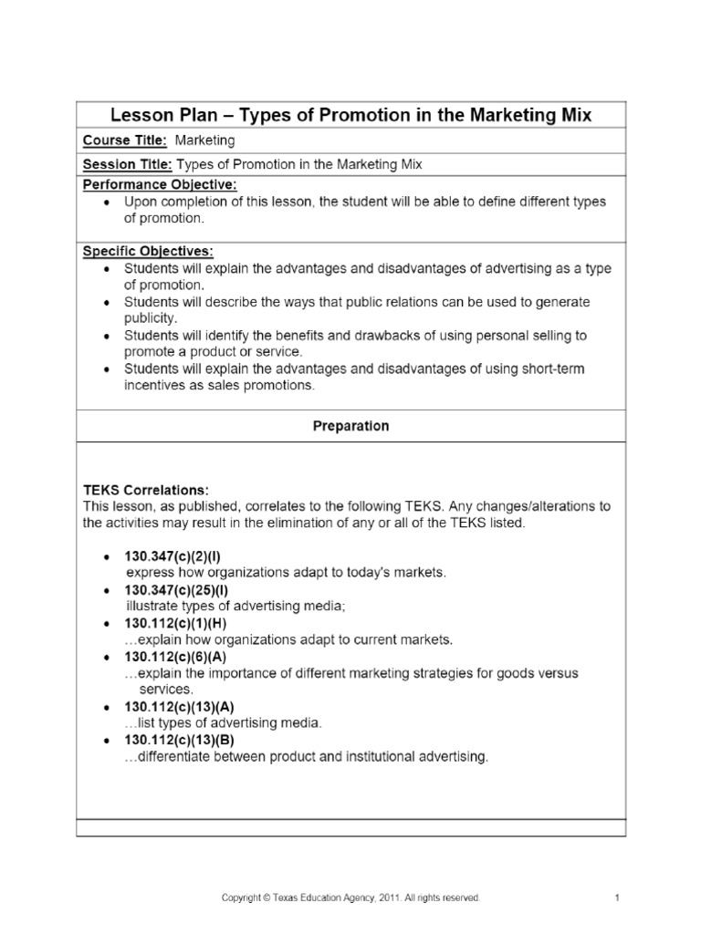 Lesson Plan - Types of Promotion in The Marketing Mix | PDF