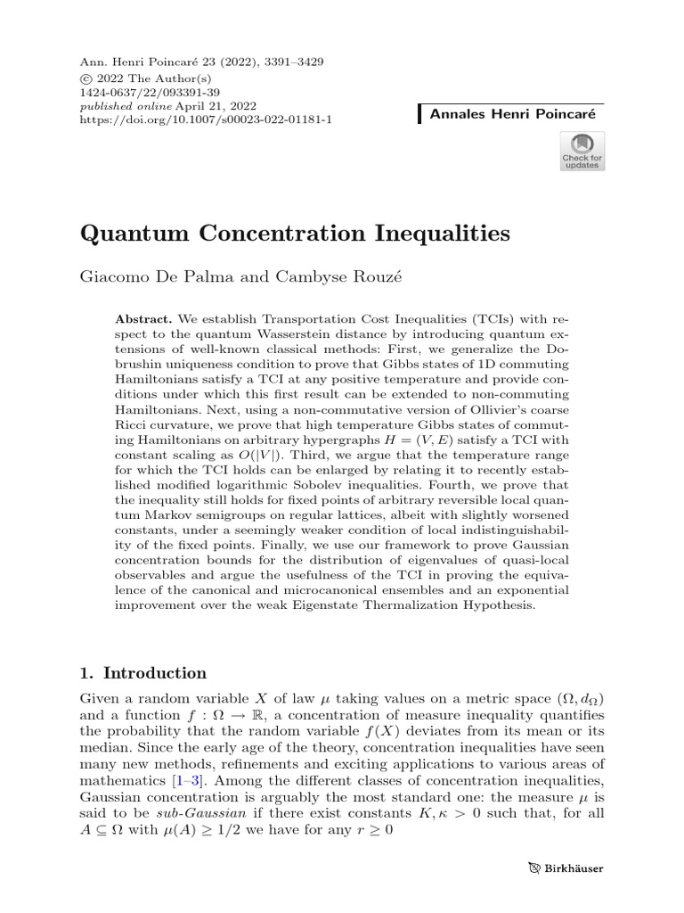 Quantum Concentration Inequalities: Giacomo de Palma and Cambyse Rouz e | PDF