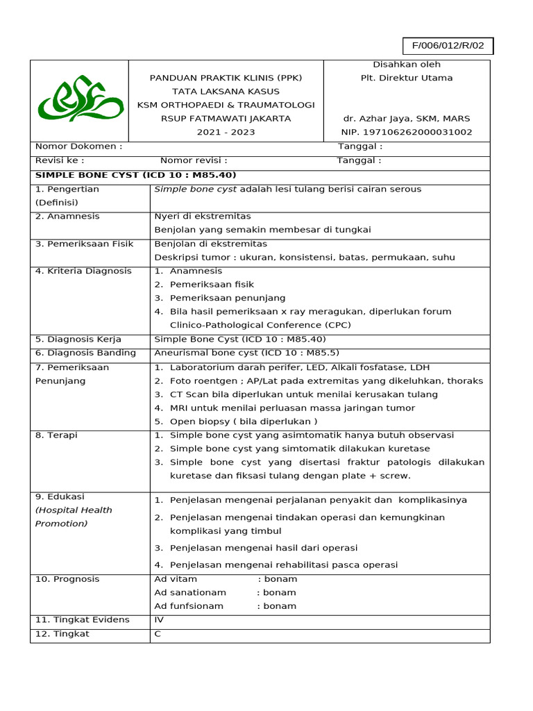 Tata Laksana SIMPLE BONE CYST ICD 10 M85.40 2024 | PDF