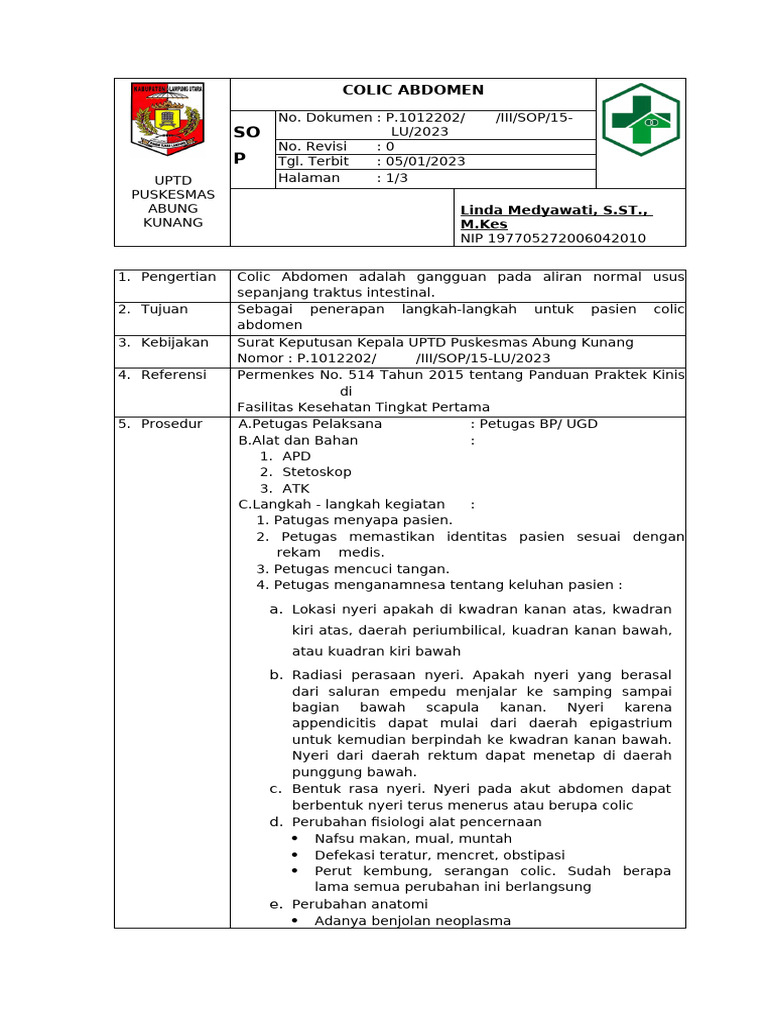 SOP Colic Abdomen | PDF