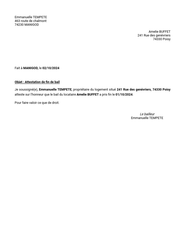 Attestation de Fin de Bail | PDF
