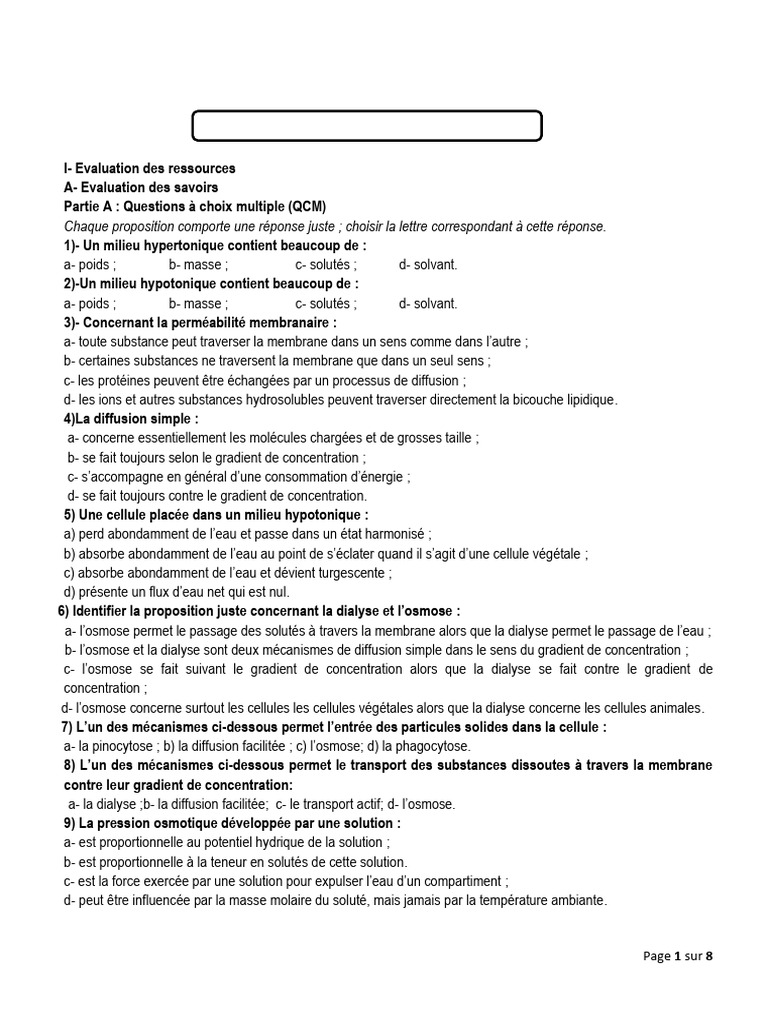 Exercices Svteehb Td Sequence 1 Echanges Cellulaires | PDF