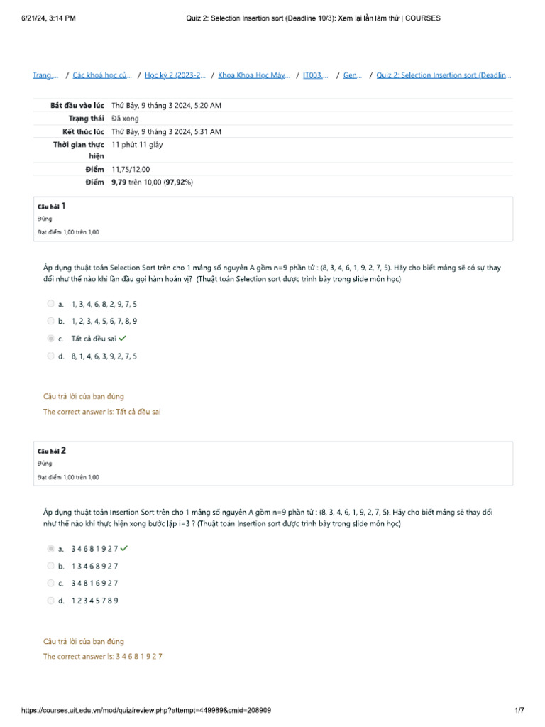 Quiz 2 Selection&Insertion Sort | PDF