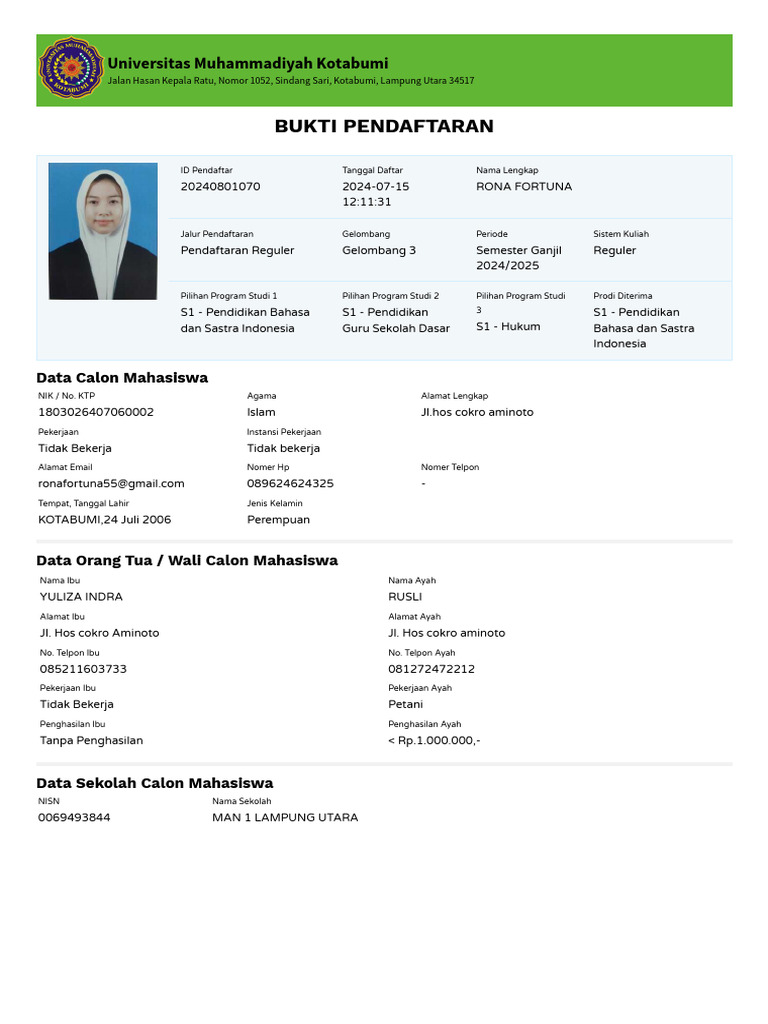 Bukti Pendaftar RONA | PDF