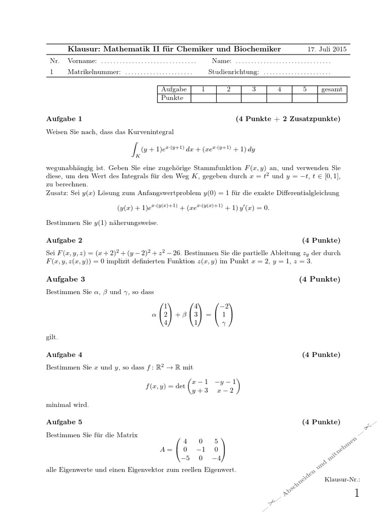 Klausur: Mathematik II Für Chemiker Und Biochemiker: Aufgabe 1 (4 Punkte + 2 Zusatzpunkte) | PDF