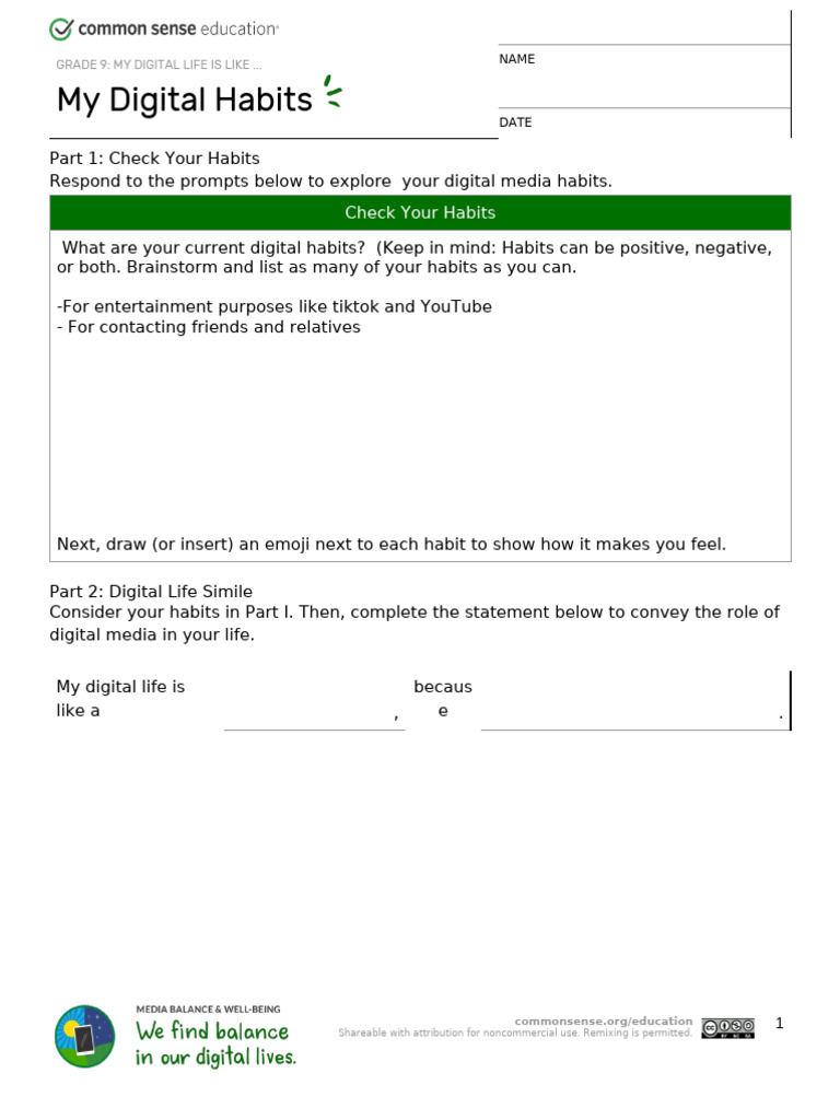 Grade 9 - My Digital Life Is Like... - My Digital Habits Student ...