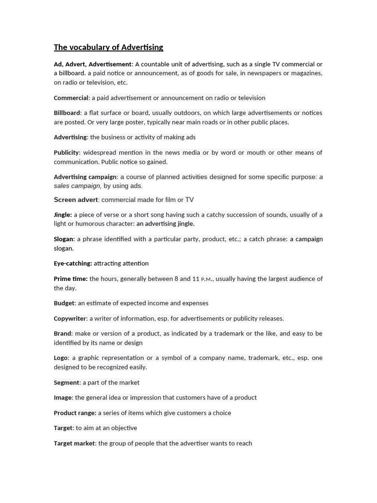 The vocabulary of Advertising (1) | PDF