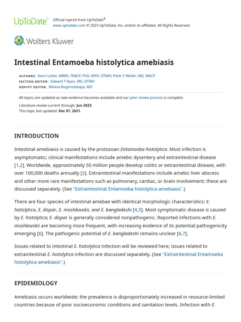 Intestinal Entamoeba Histolytica Amebiasis | PDF