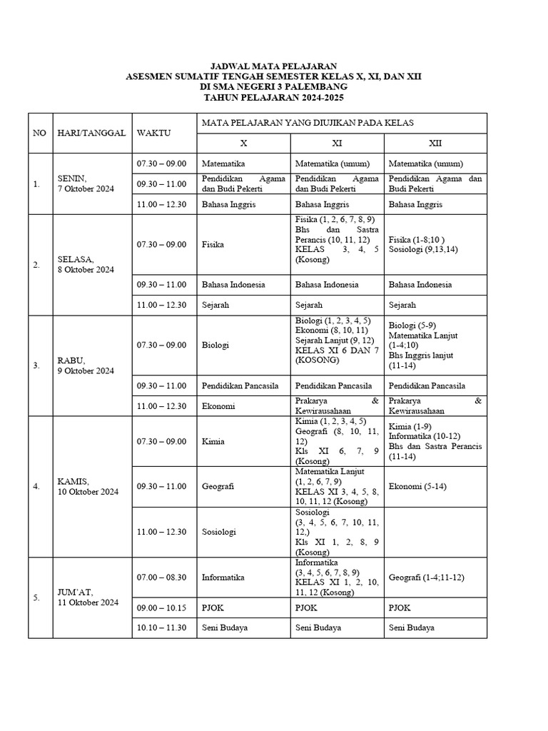 Jadwal Mata Pelajaran Mid 2024 | PDF