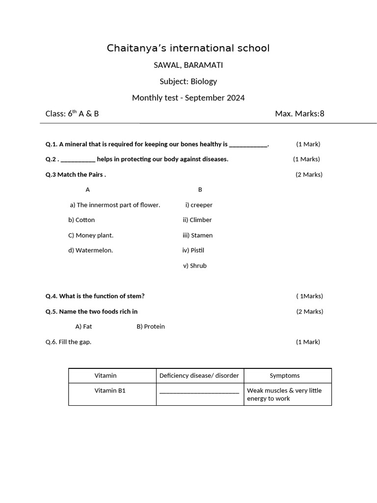 6th - Biology Monthly Test (September 2024) | PDF
