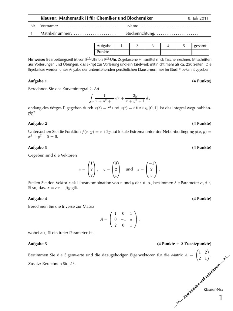 Klausur: Mathematik II Für Chemiker Und Biochemiker: Aufgabe 1 (4 Punkte) | PDF
