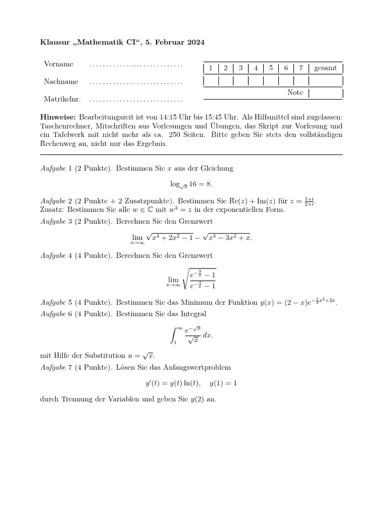 Klausur Mathematik CI", 5. Februar 2024: Aufgabe | PDF