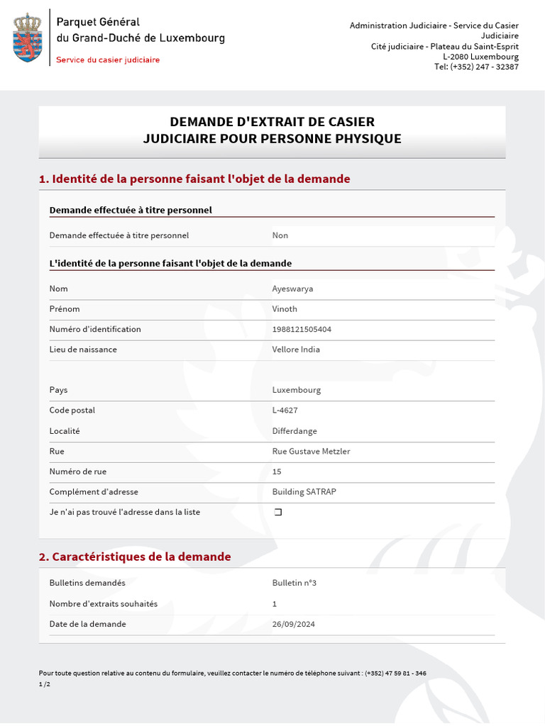 Demande D'extrait de Casier Judiciaire Pour Personne Physique | PDF