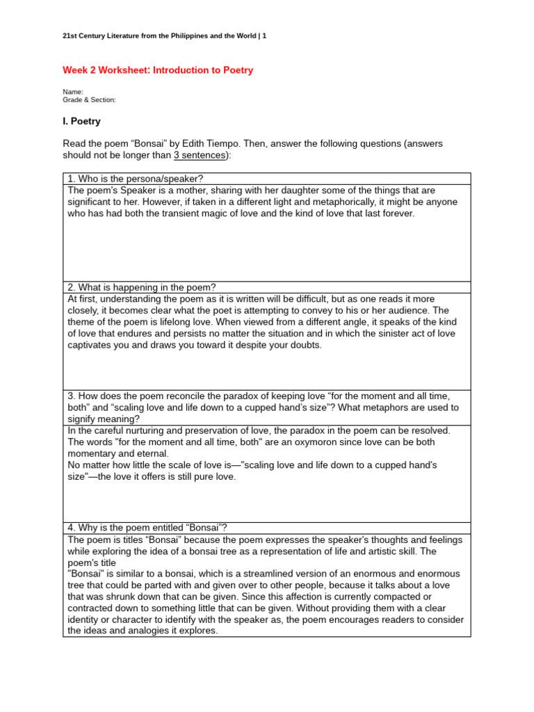 21st Lit Week 2 Worksheet - Bonsai | PDF