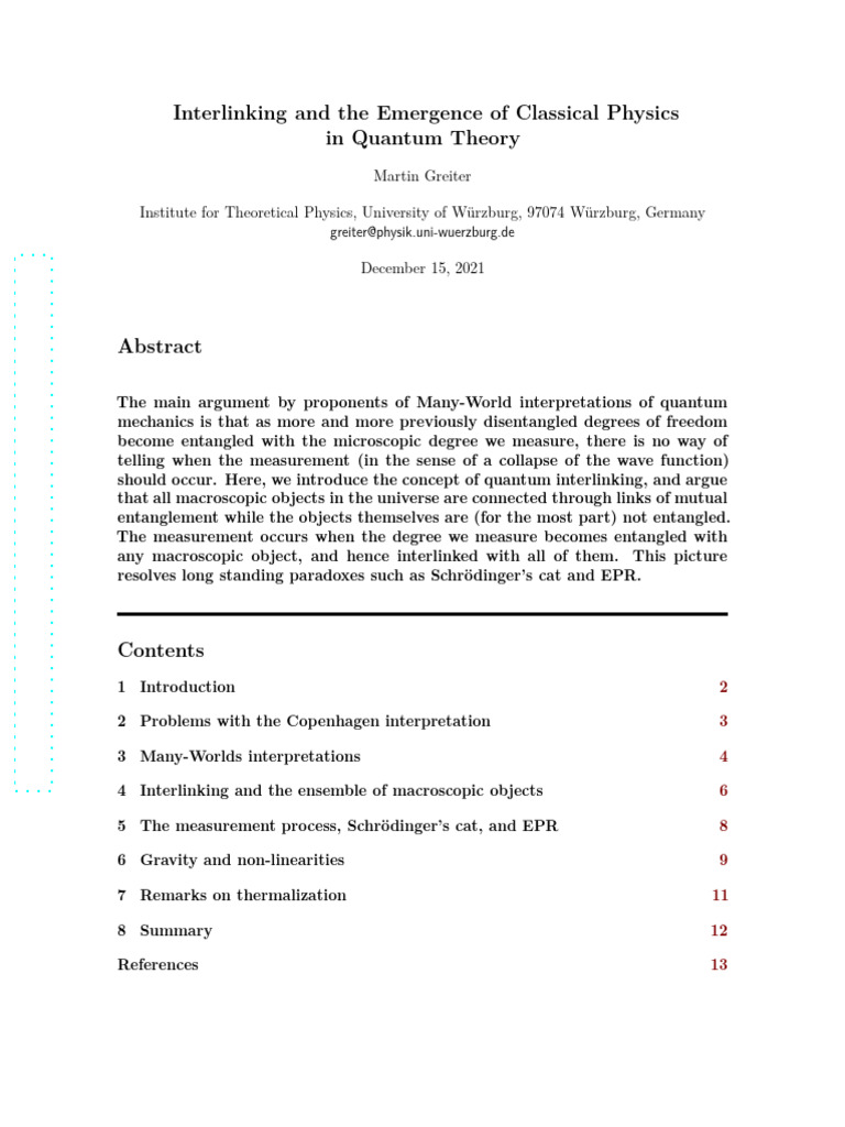 Interlinking and The Emergence of Classical Physics in Quantum Theory | PDF