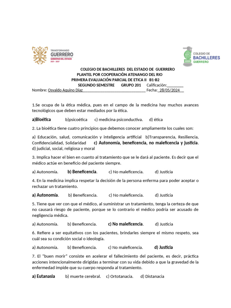 Elaboración de Examen de Opción Múltiple Osvaldo | PDF | Bioética | Gases de efecto invernadero