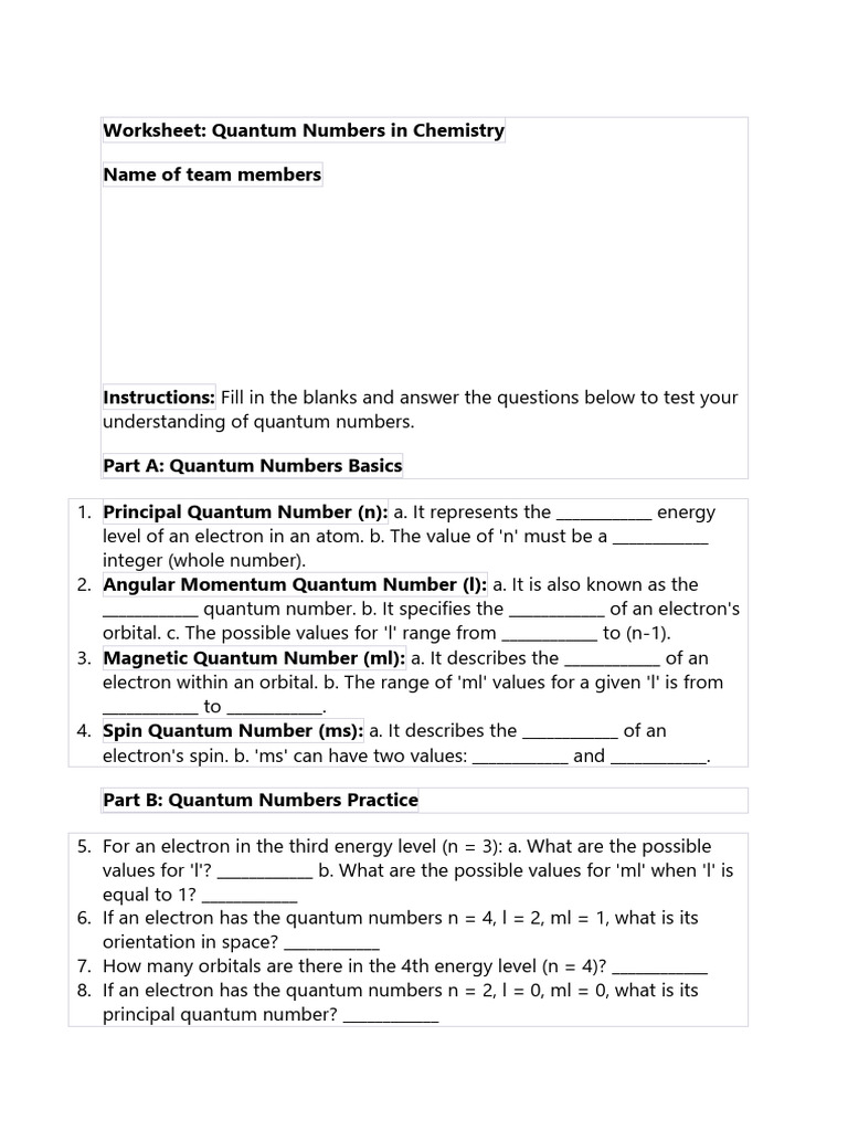Worksheet-1 Quantum Numbers | PDF | Atomic Orbital | Electron Configuration