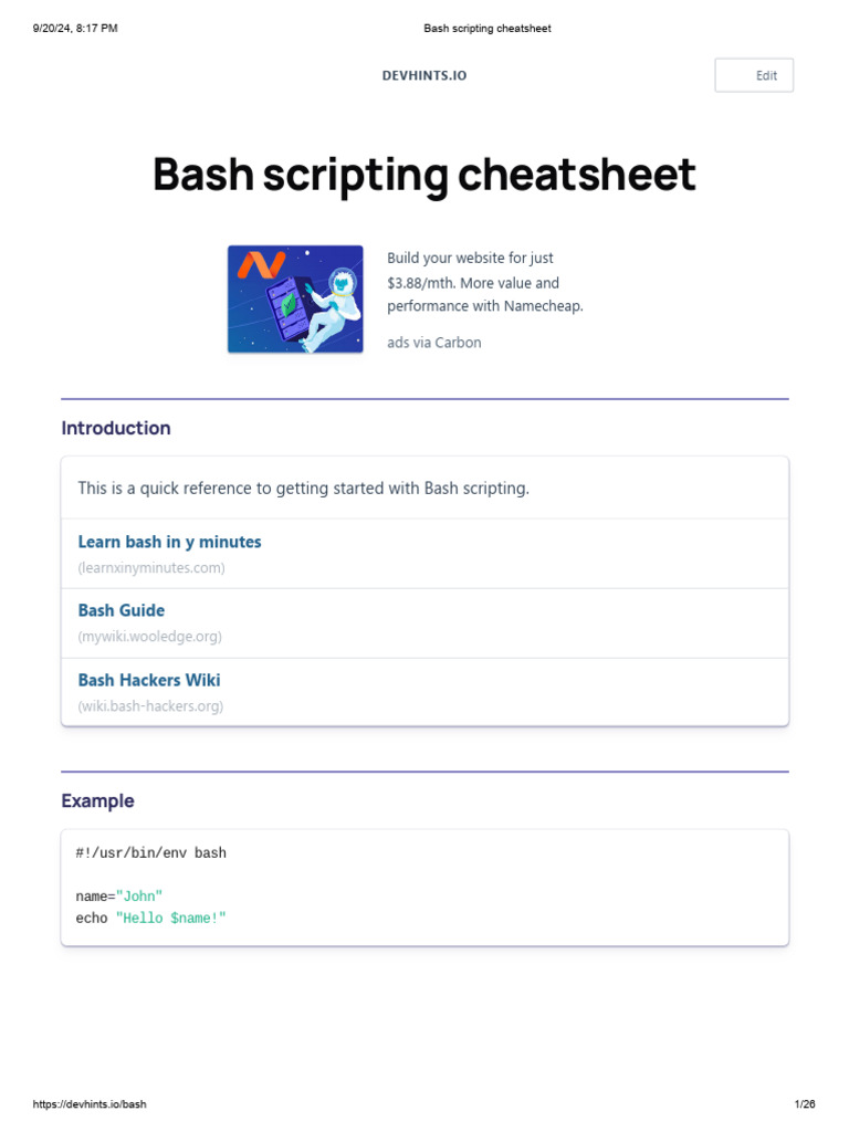 Bash Scripting Cheatsheet | PDF