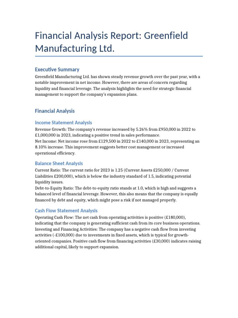 Greenfield Manufacturing Financial Report | PDF