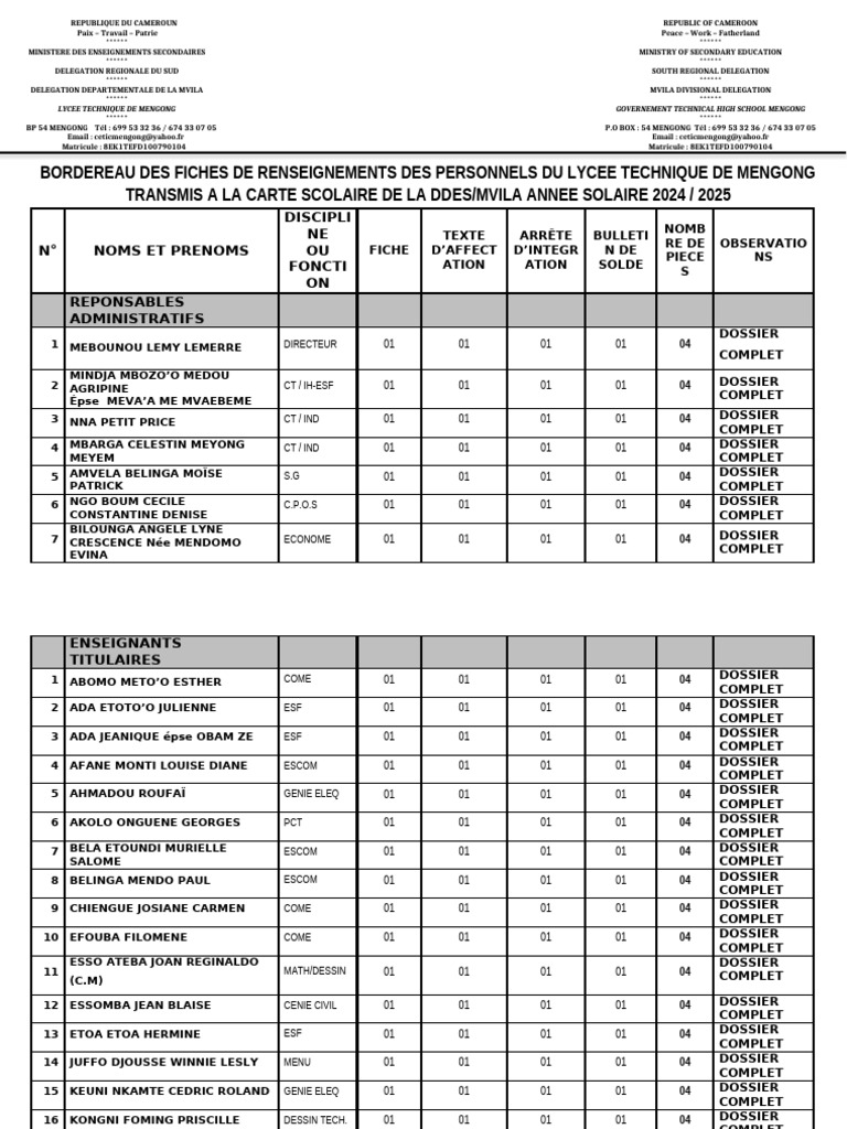 BORDEREAU DE TRANSMISSION DES FICHES DE RENSEIGNEMENT LTM 2024.2025 | PDF