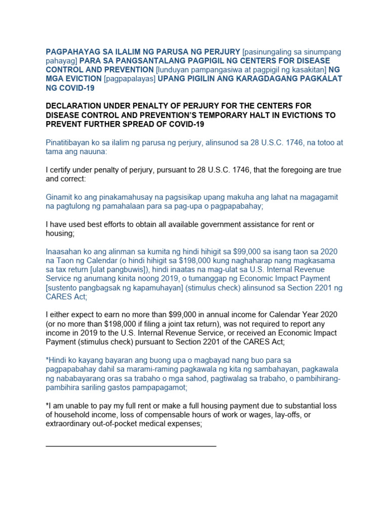 DECLARATION UNDER PENALTY OF PERJURY Tagalog - EN | PDF