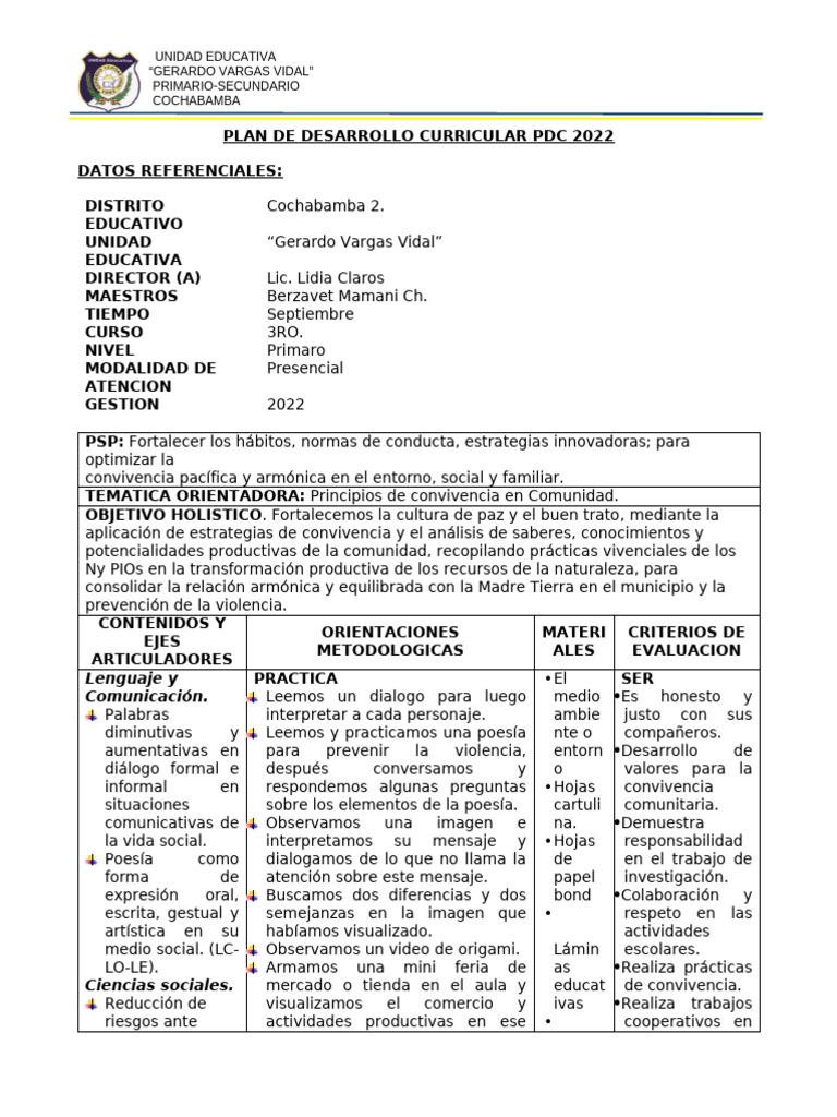 Plan de Desarrollo Curricular PDC 2022 3ro Primaria Gvv. | PDF