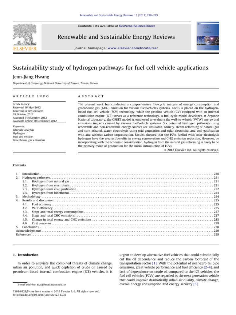 Sustainability Study of Hydrogen Pathways For Fuel Cell Vehicle ...