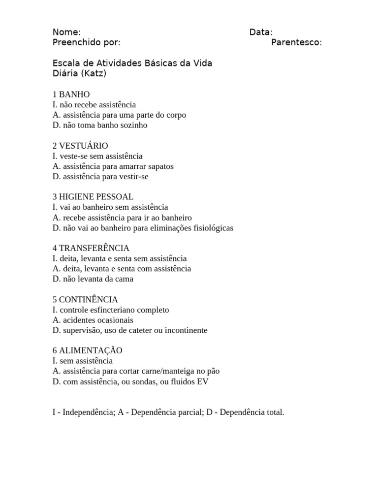 KATZ Escala de Atividades Básicas Da Vida | PDF