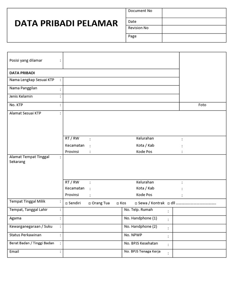 Form Data Pribadi Pelamar 2023 | PDF
