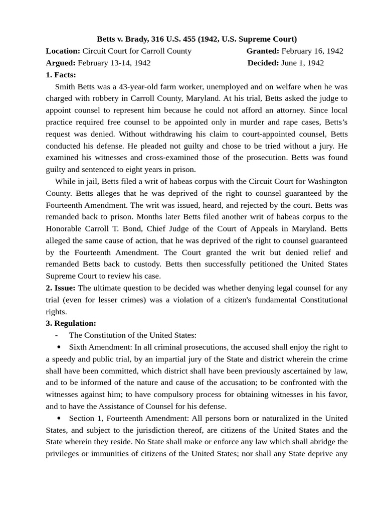BTN Nhóm 03 Betts v. Brady 316 U.S. 455 1942 U.S. Supreme Court | PDF