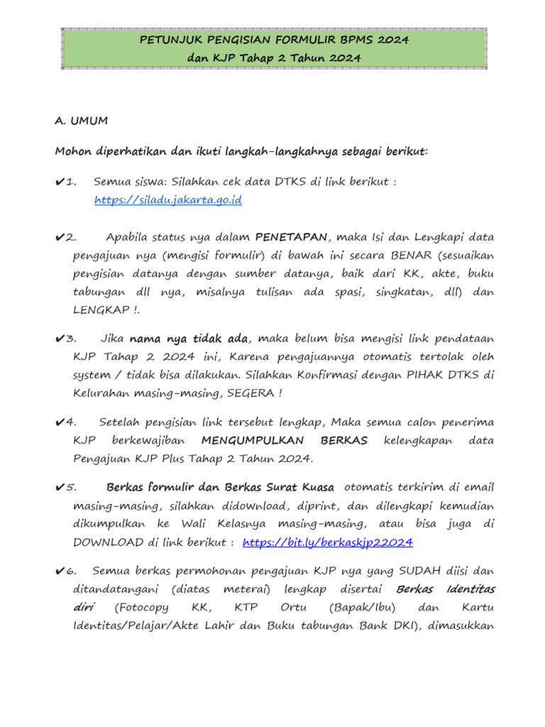 Petunjuk Pengisian Formulir KJP | PDF