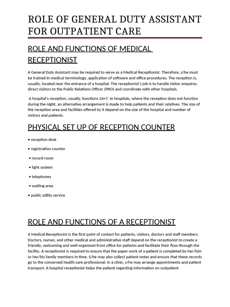Role and Functions of Medical Receptionist | PDF