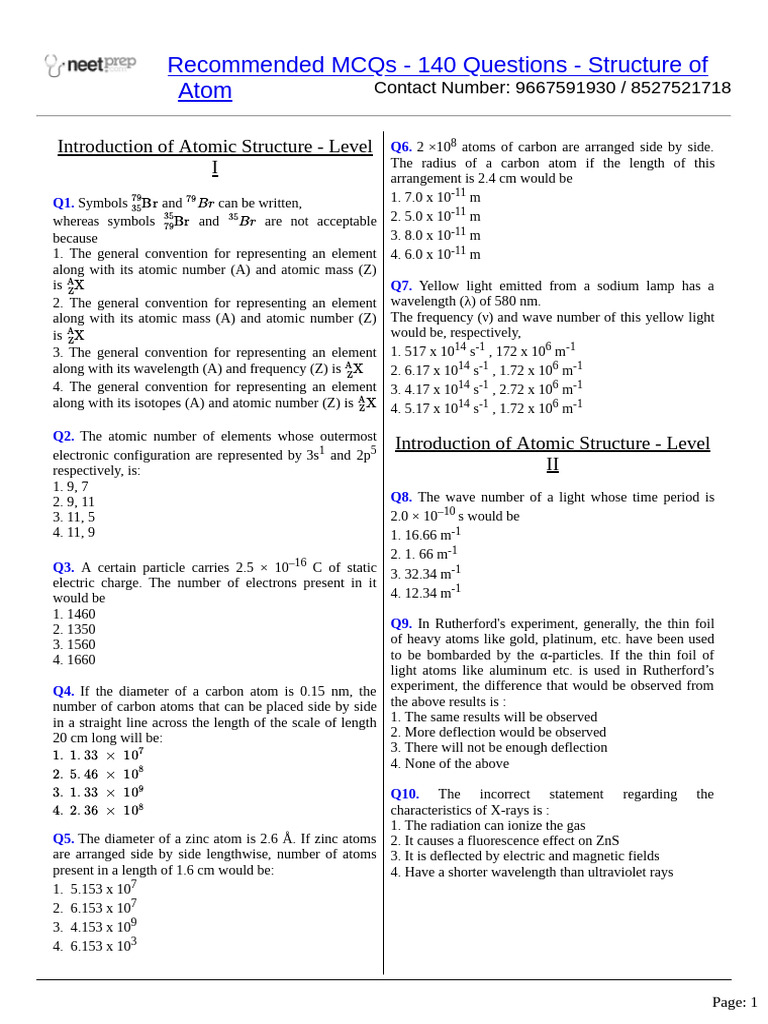 Structure of Atom [recommended mcqs] | PDF