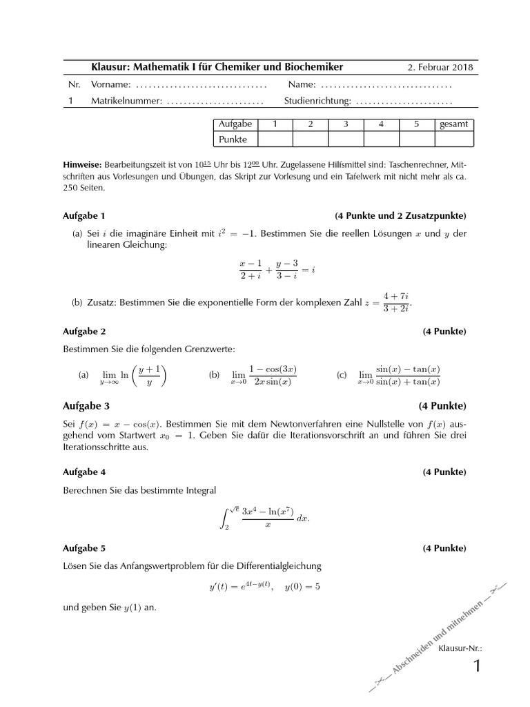 Klausur: Mathematik I Für Chemiker Und Biochemiker: Aufgabe 1 (4 Punkte Und 2 Zusatzpunkte) | PDF